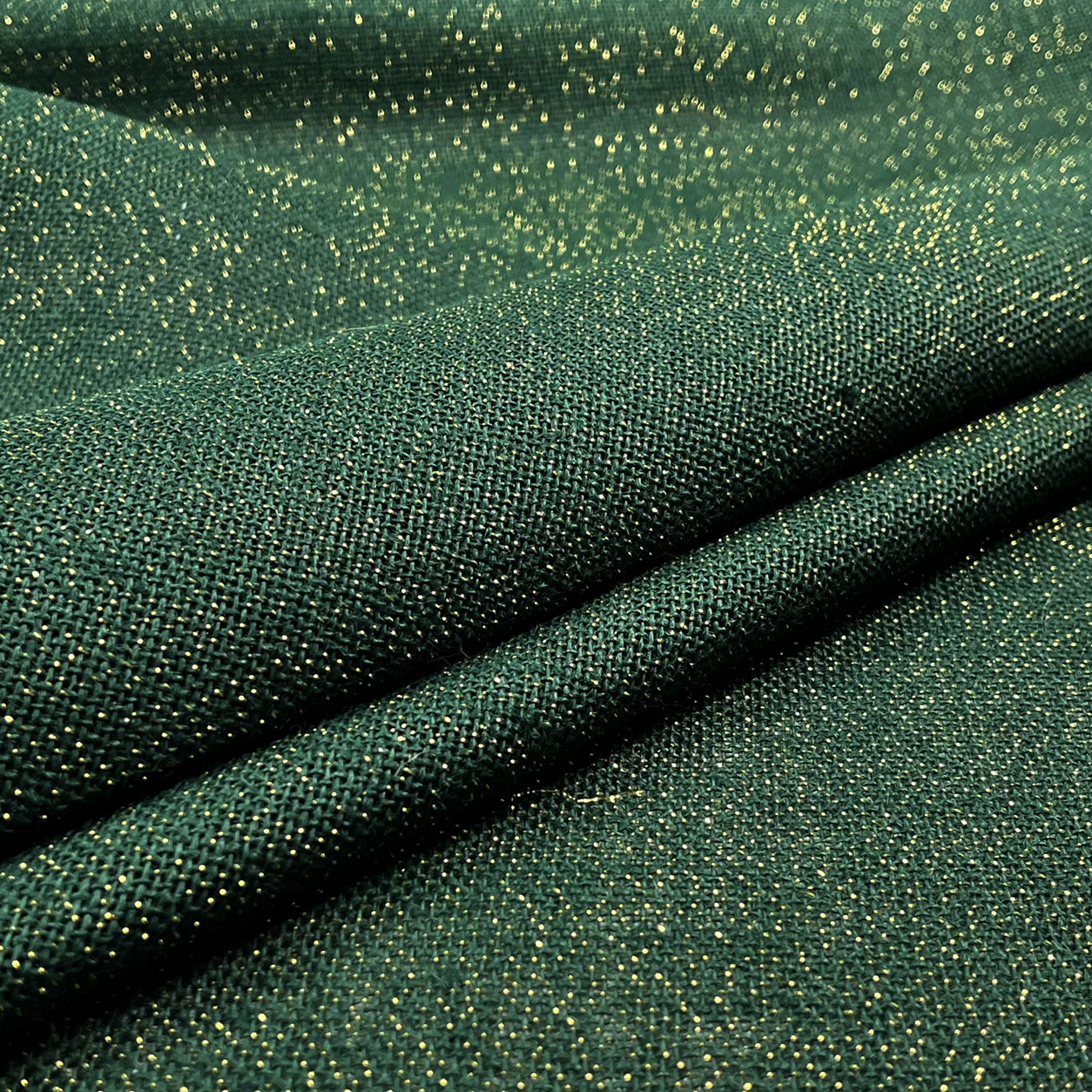 Dyed Green Hessian Fabric with Gold Lurex Threads