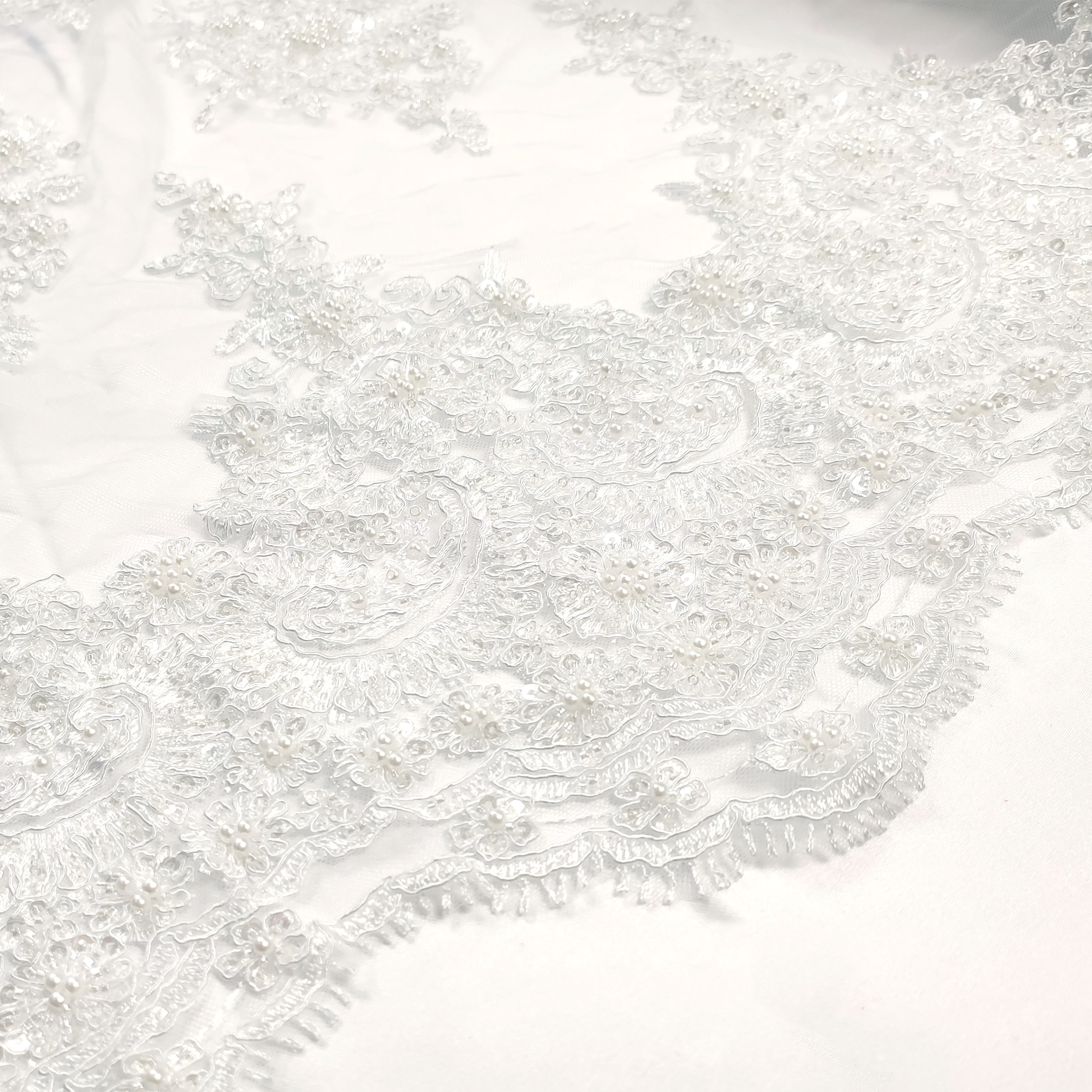 White Double Edged Beaded Tulle Lace Fabric