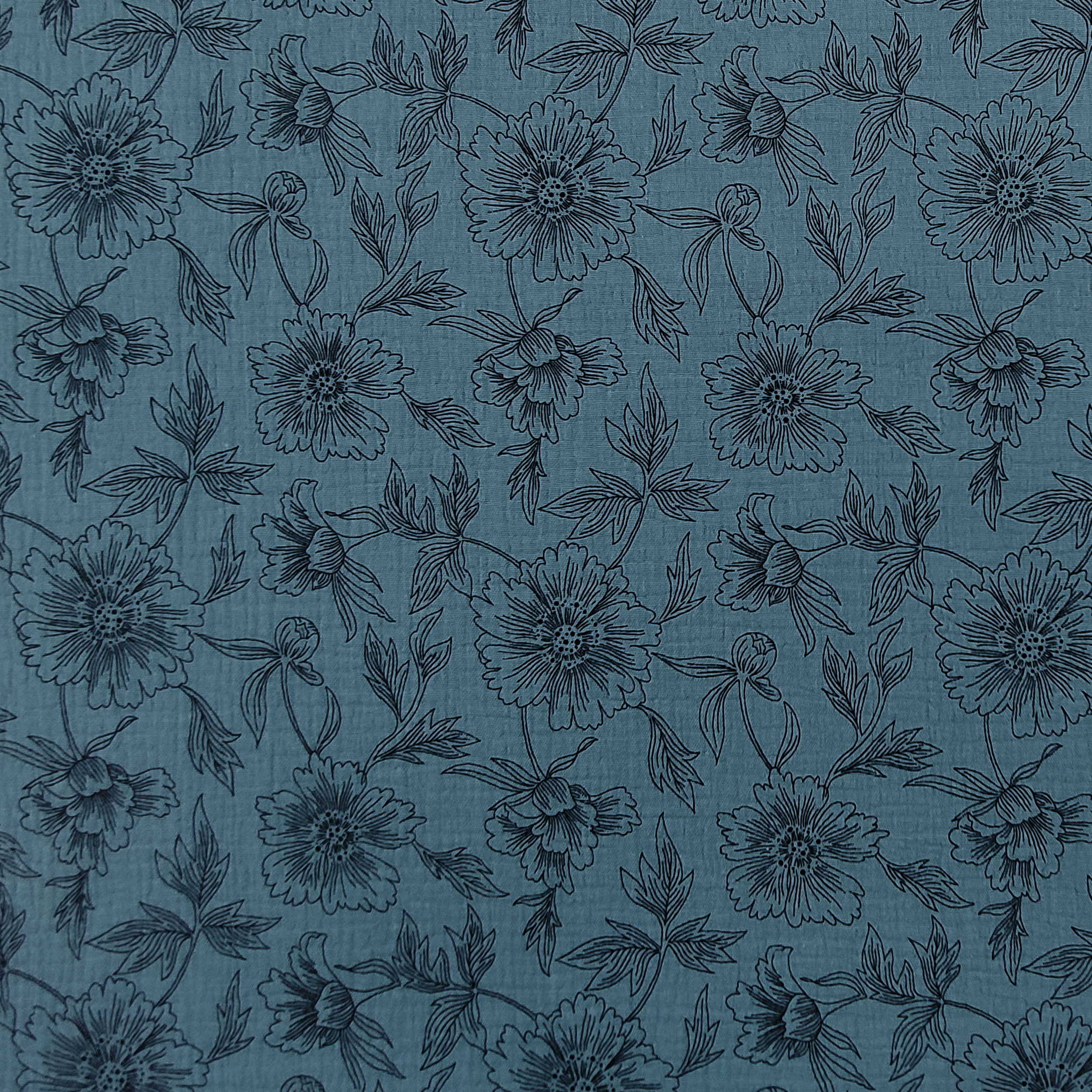 Outline Flowers Cotton Double Gauze Fabric in Air Force Blue